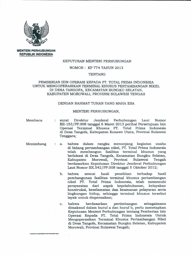 Izin Operasi Terminal Khusus PT. Total Prima Indonesia | PDF