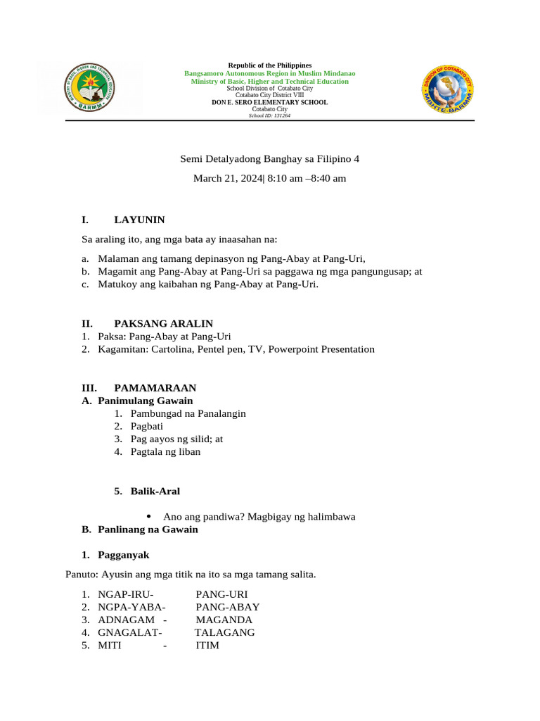 Semi-Detailed Lesson Plan Filipino | PDF