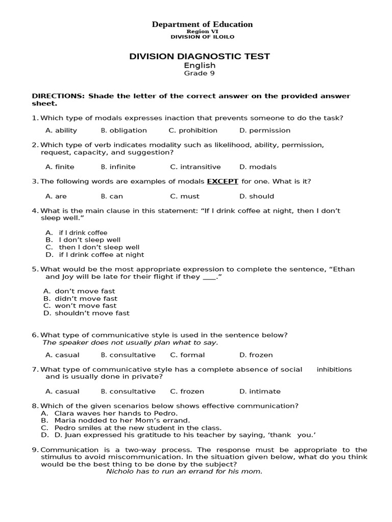 Grade 9 English Diagnostic Test Guide | PDF | Vaccines | Major ...
