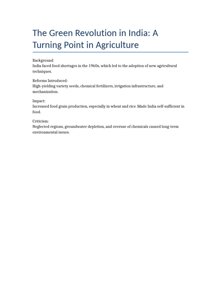 The Green Revolution in India A Turning Point in Agriculture | PDF