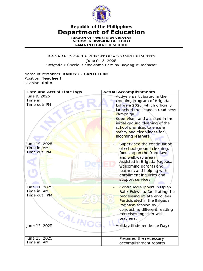 Brigada Eskwela Accomplishment Report - 2025 - Barry | PDF | Pedagogy ...