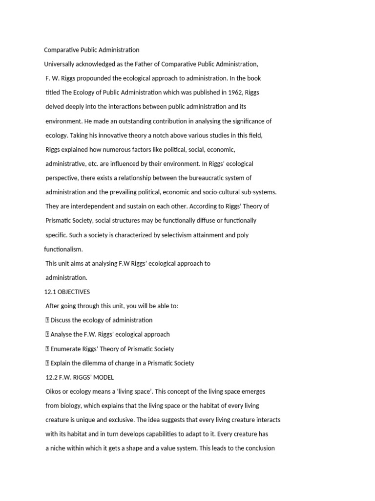 F.W. Riggs' Ecological Approach to Administration | PDF | Ecology | Society