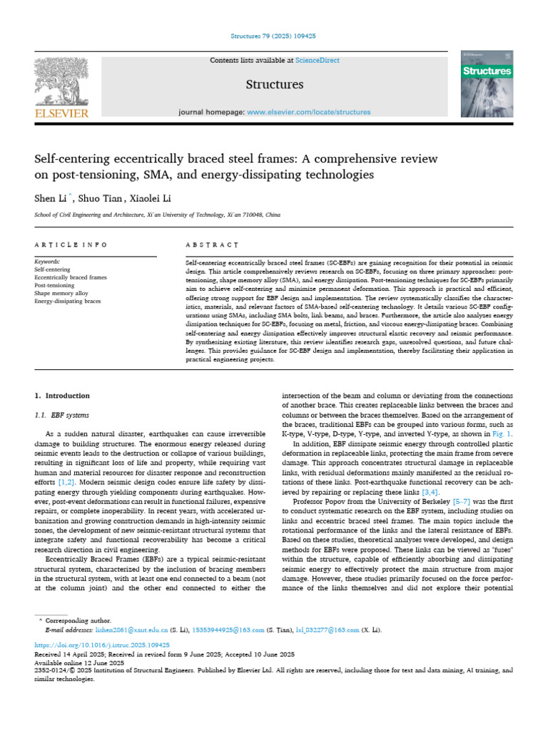 Self Centering Eccentrically Braced Steel Frames A Comprehensive 2025 Stru | PDF | Shape Memory ...