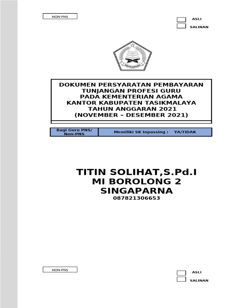 Cover Pemberkasan TPG Tahun 2020 | PDF