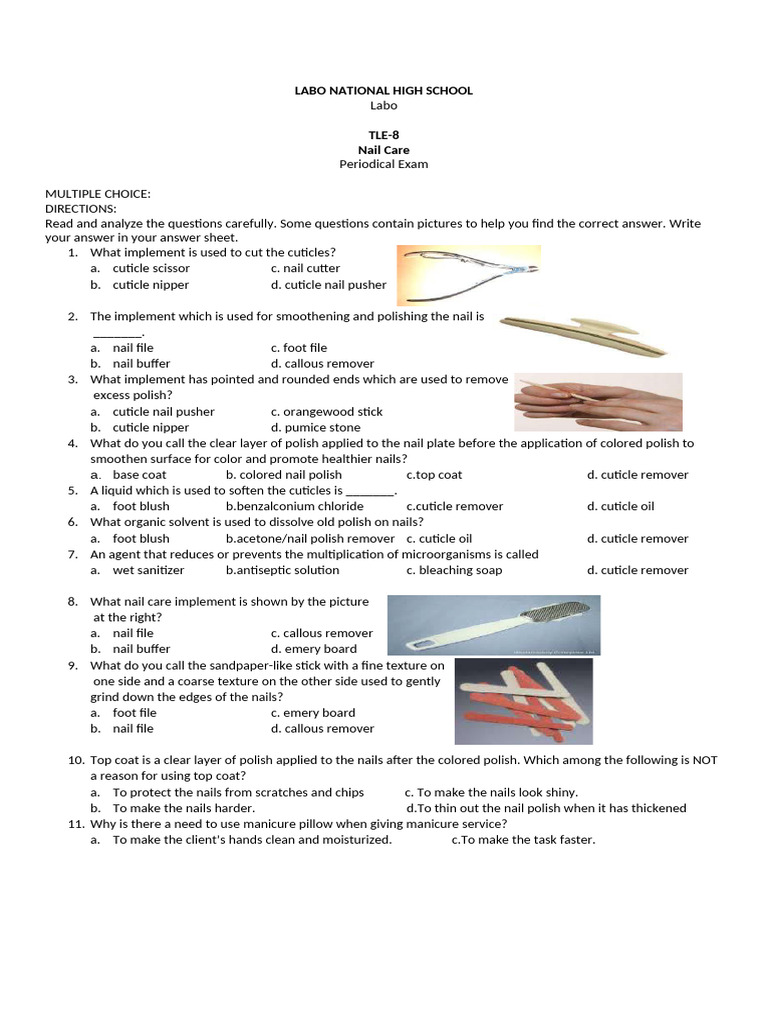 Nail Care Periodical Exam Questions | PDF | Nail (Anatomy) | Disinfectant