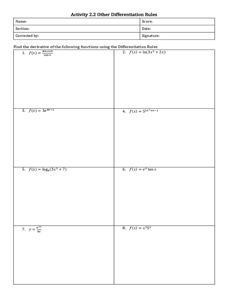 Activity 2 2 Other Differentiation Rules | PDF