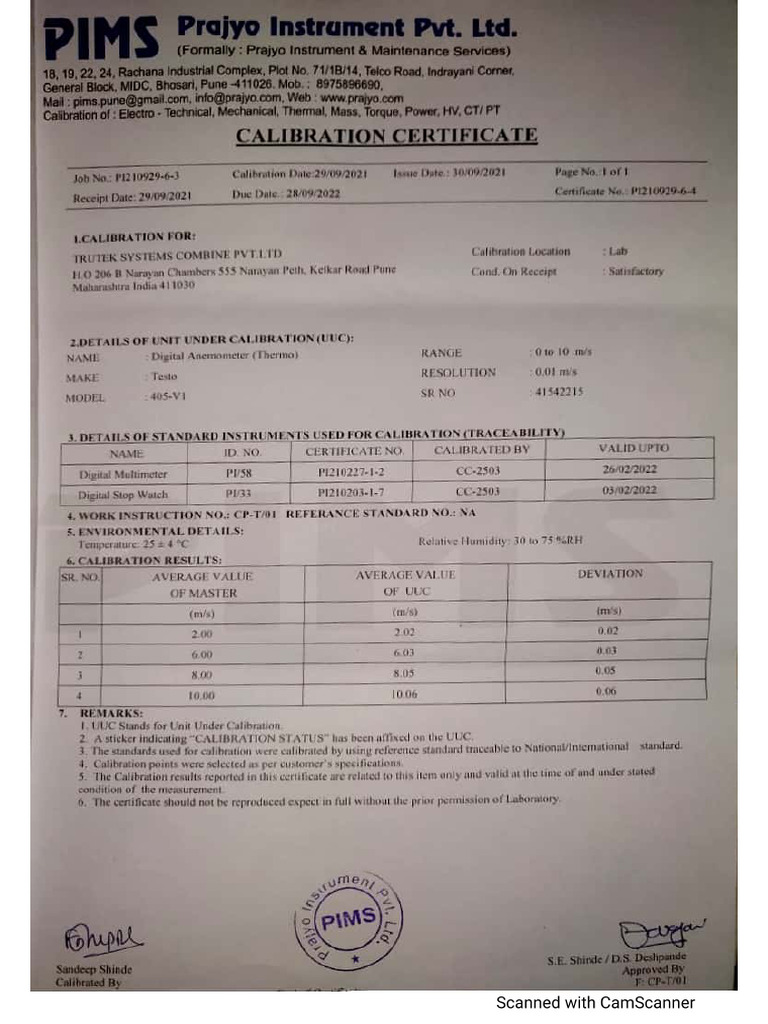 Calibration Certificate Anemometer | PDF