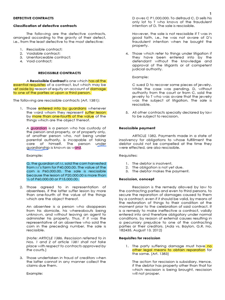 Notes On Defective Contracts | PDF | Guarantee | Annulment