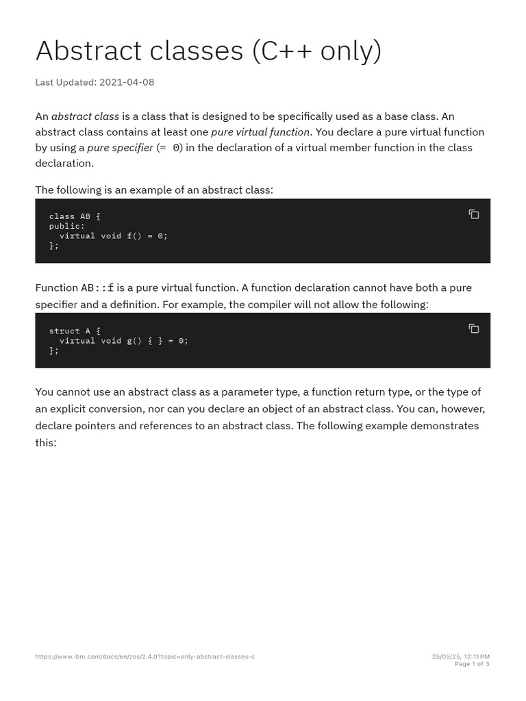 Abstract Classes (C++ Only) - IBM Documentation | PDF | Class (Computer ...