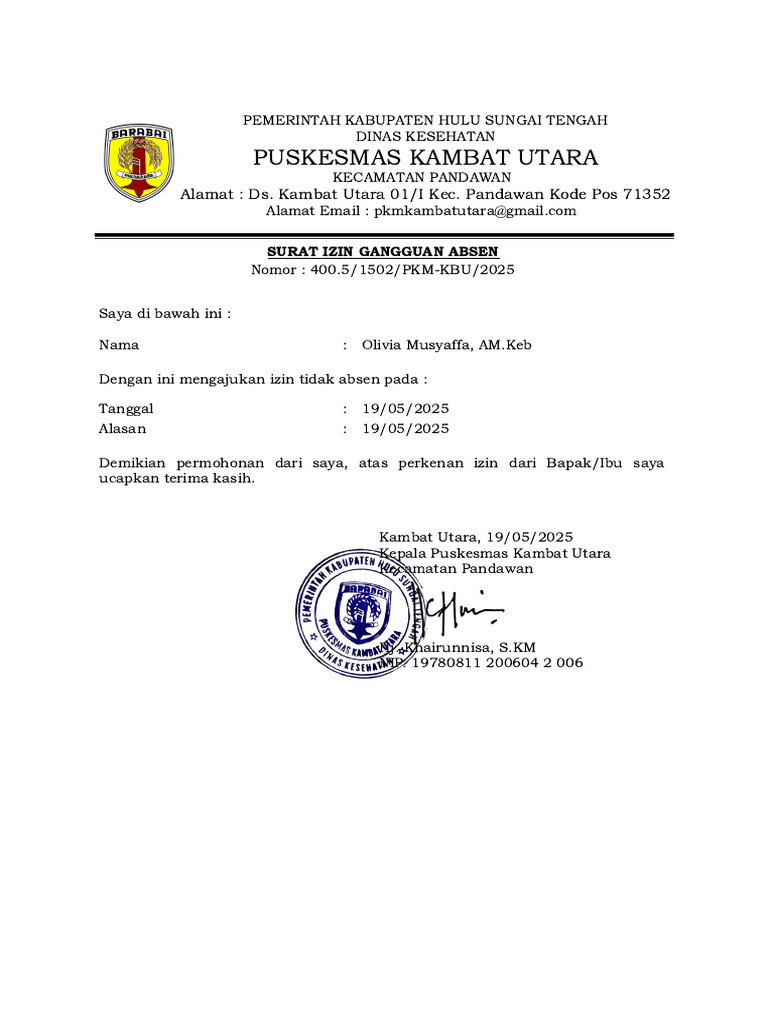 Surat Izin Absen Puskesmas Kambat Utara | PDF