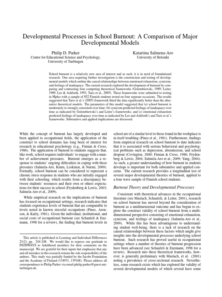 Developmental Processes in School Burnout A Comparison of Major ...