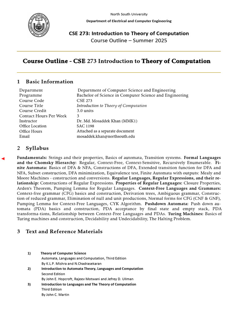 MMK1 NSU - Course - Outline - CSE - 273 | PDF | Theory Of Computation | Automata Theory
