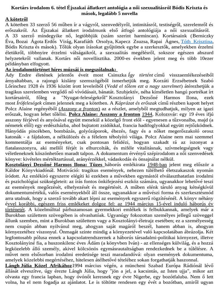 Kortárs Irodalom 6.tétel Éjszakai Állatkert Antológia A Női Szexualitásról Bódis Kriszta És ...