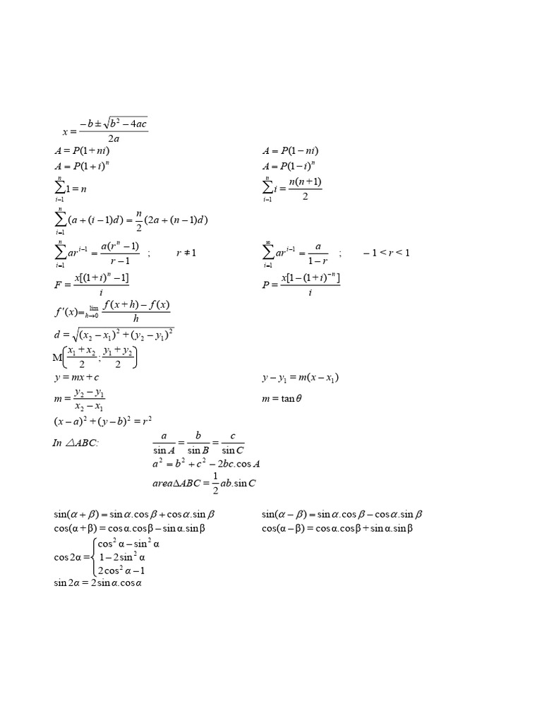 IEB Grade 11 Maths Formula Sheet | PDF