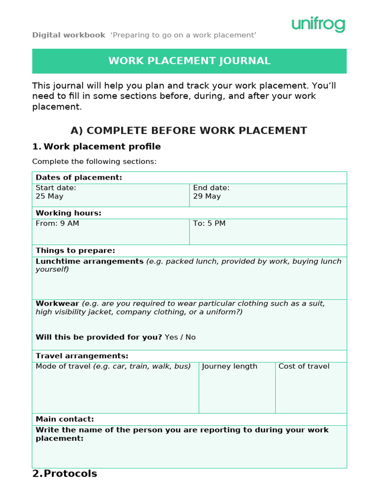 Work Placement Journal Digital Workbook Unifrog | PDF