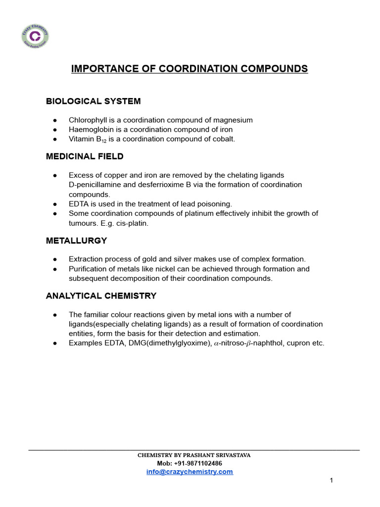 Importance of Coordination Compounds | PDF | Coordination Complex ...