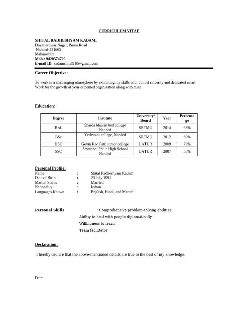Career Objective:: Curriculum Vitae Shital Radheshyam Kadam | PDF