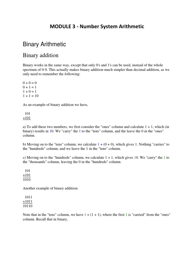 Binary Arithmetic Binary Addition: MODULE 3 - Number System Arithmetic | PDF | Division ...