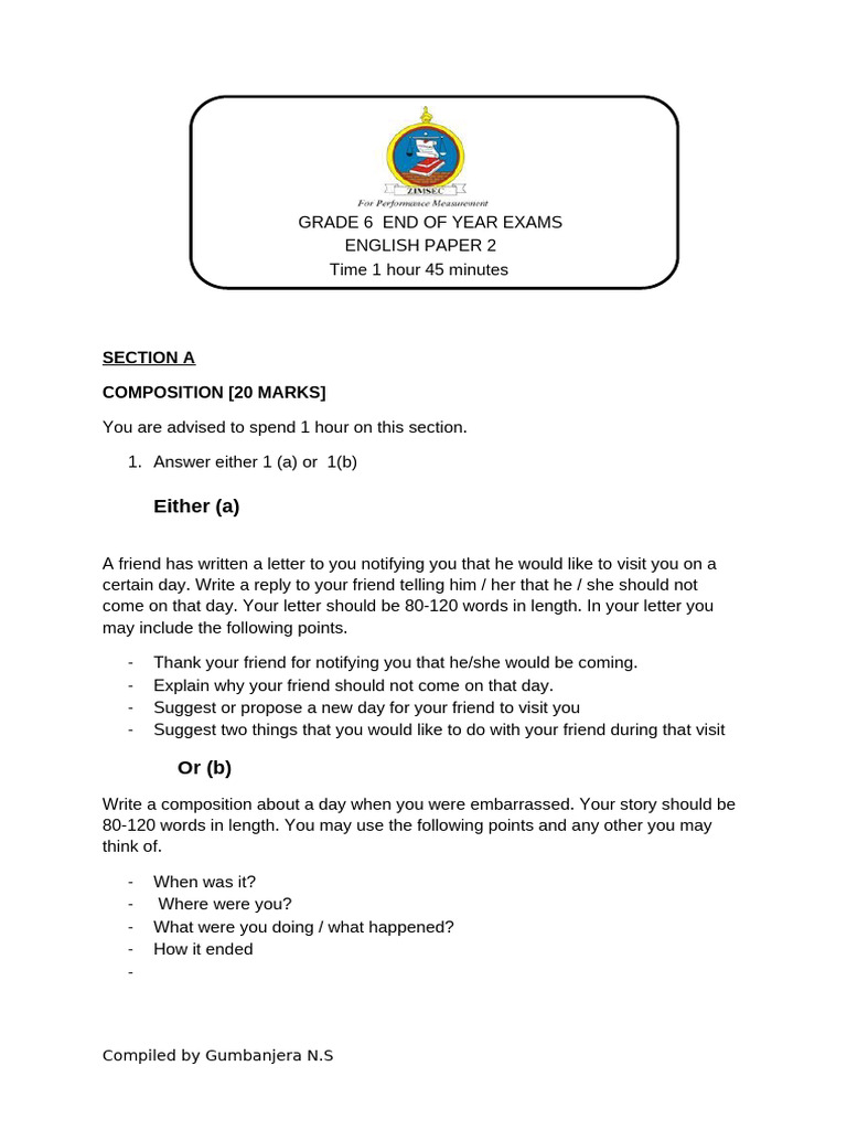 Grade 6 English Paper 2 End of Year 2022 | PDF