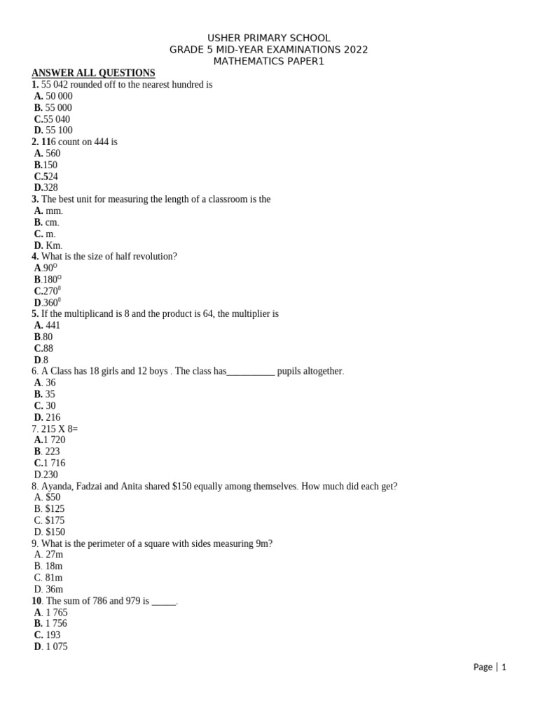Grade 5 Maths Paper 1 Mid Year 2022 | PDF | Odds | Multiplication