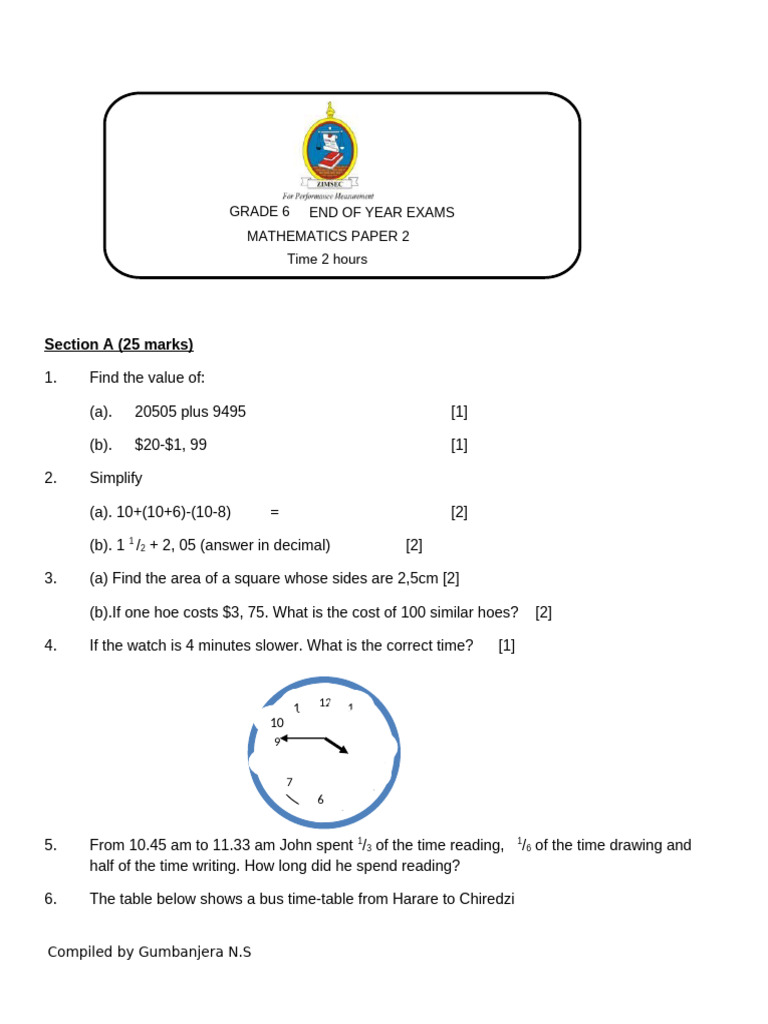 Grade 6 Maths Exam Paper 2 Answers | PDF