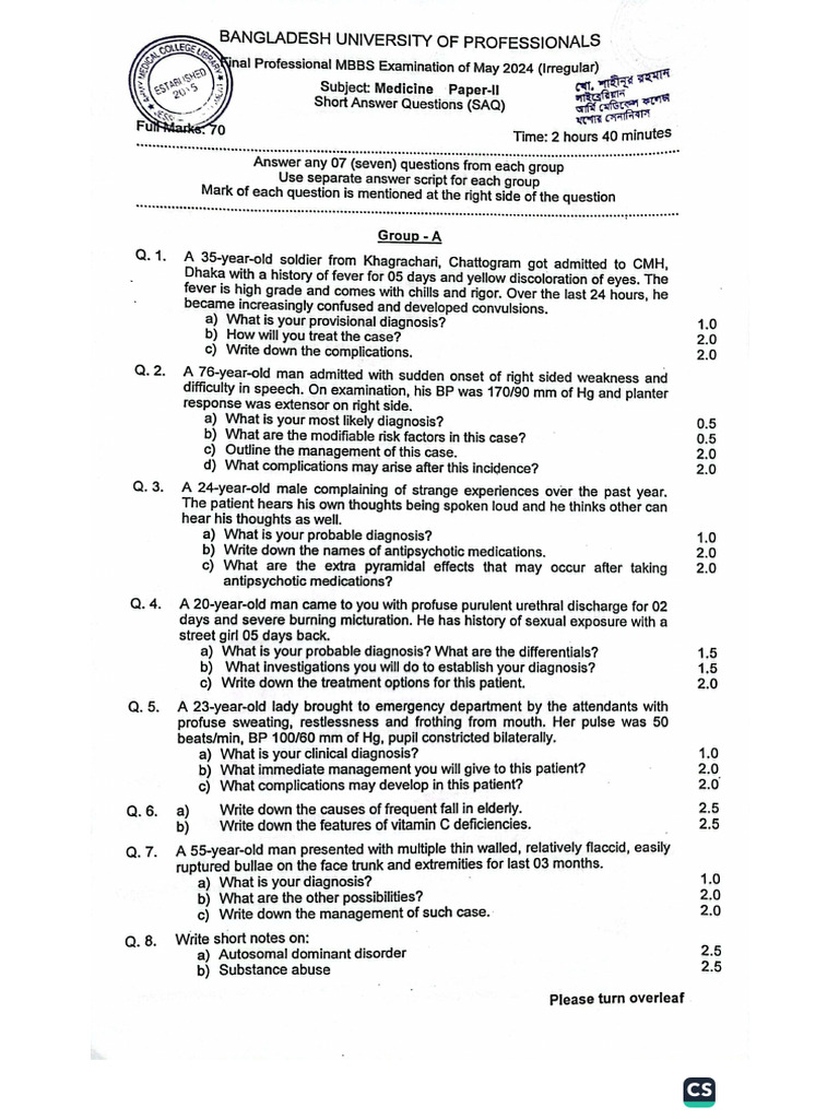 Medicine (Paper-02), Final Prof, May-2024 | PDF