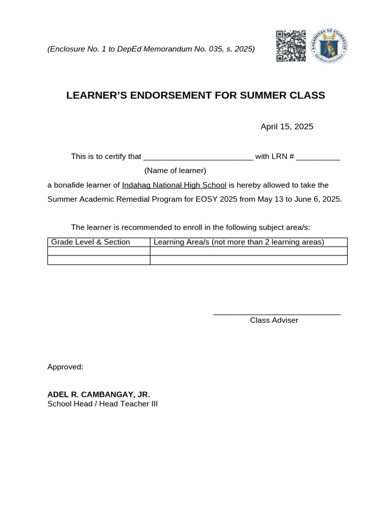 Learner's Endorsement for Summer Class | PDF