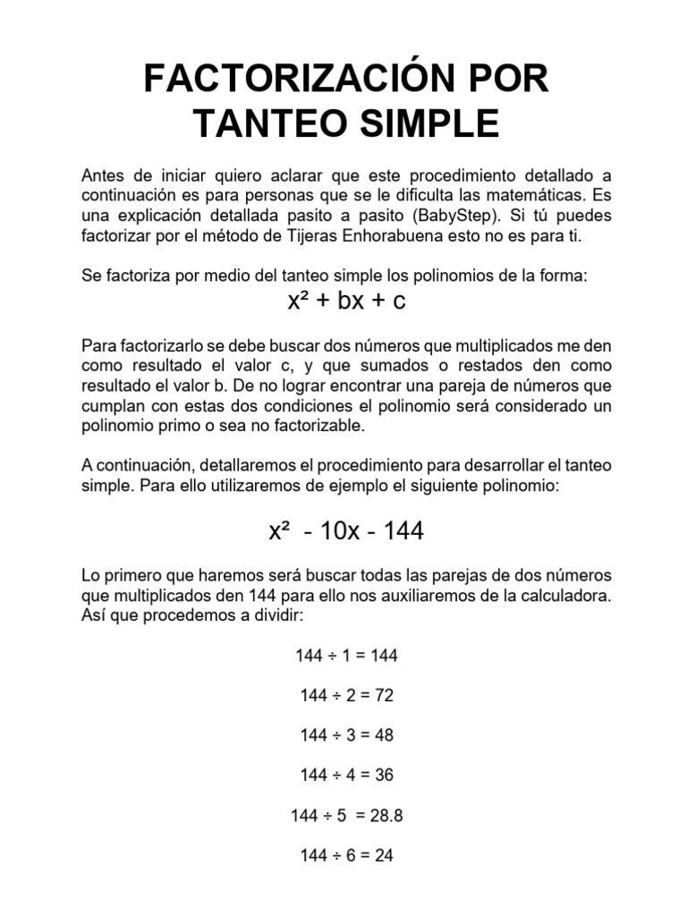 Procedimiento Detallado Del Método de Factorización Tanteo Simple | PDF ...