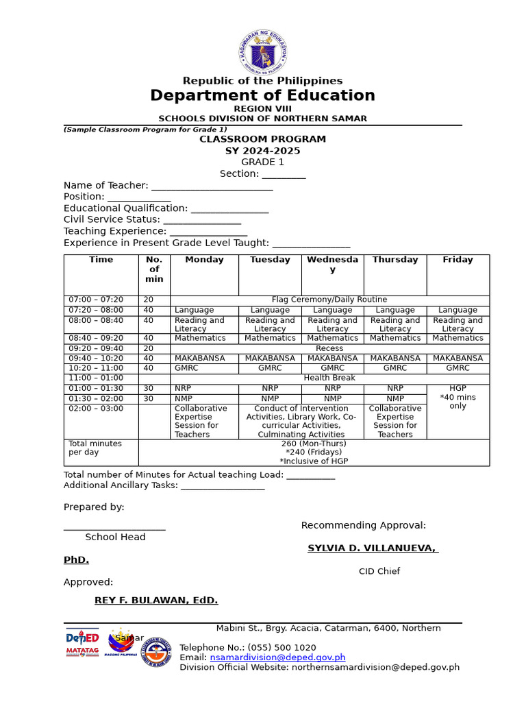 Sample Classroom Program For Grade 1 | PDF | Human Communication ...