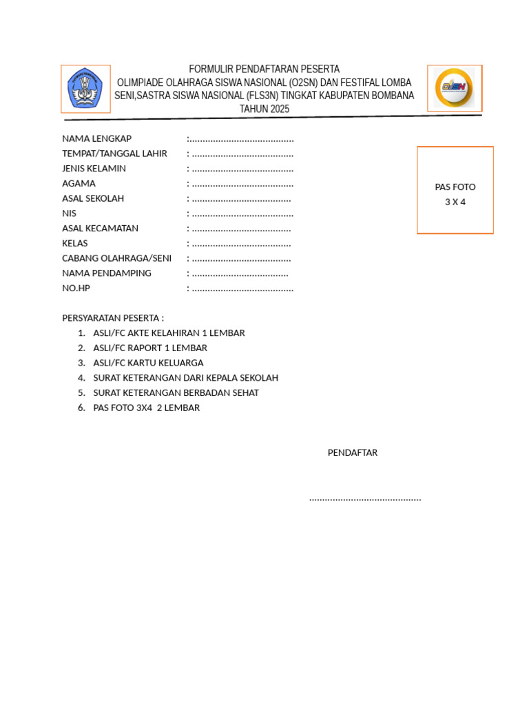 Formulir Pendaftaran Peserta O2sn | PDF