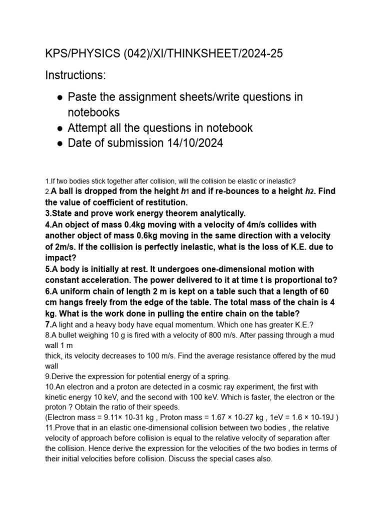 Thinksheet Work Power and Energy | PDF