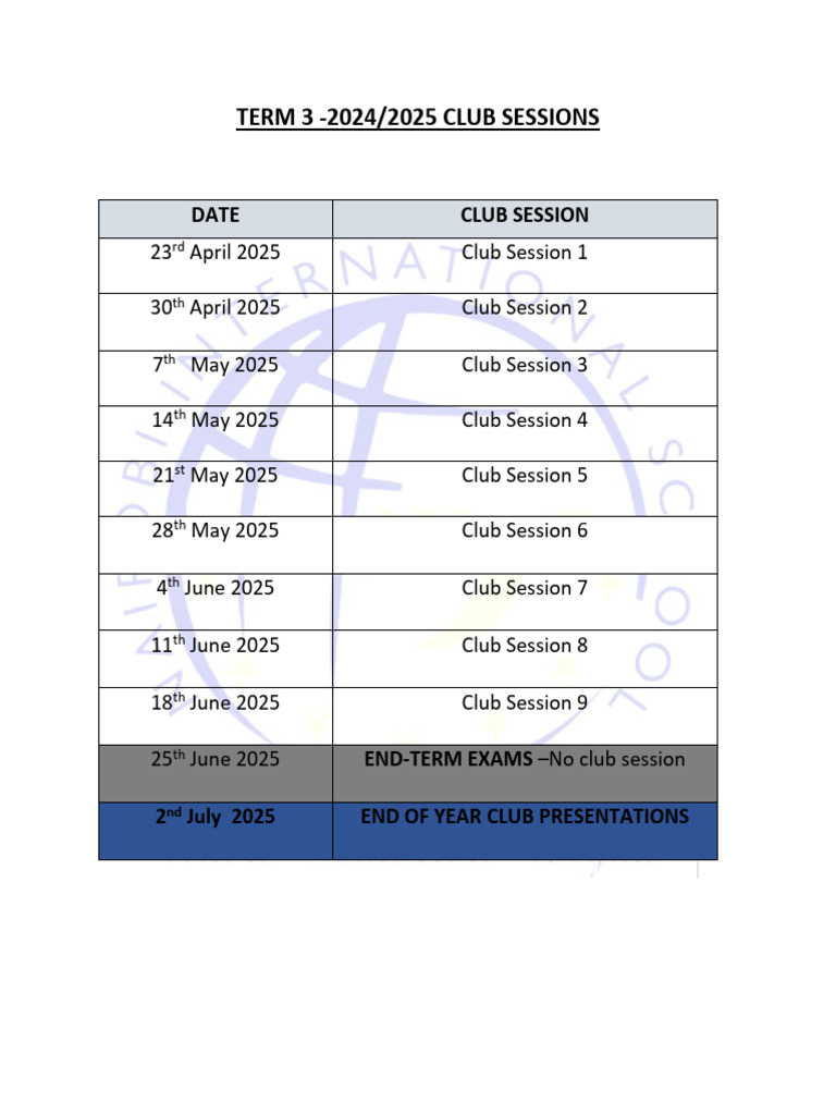 Term 3 2024 2025 Club Sessions | PDF