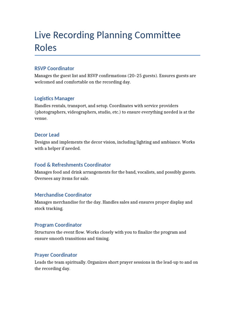 Live Recording Planning Roles | PDF