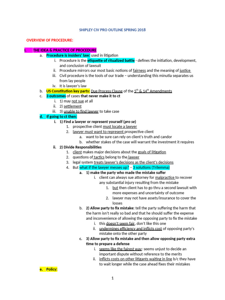 CIV PRO OUTLINE | PDF | Federal Rules Of Civil Procedure | Diversity ...