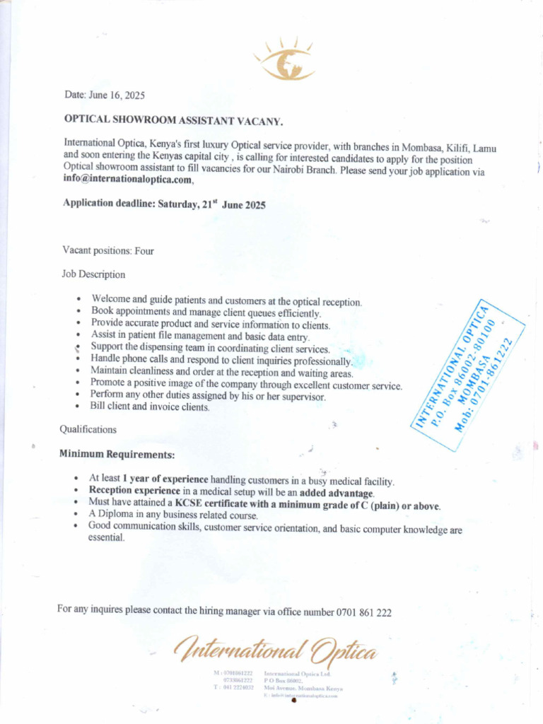 Optical Showroom Assistant Job Advert | PDF