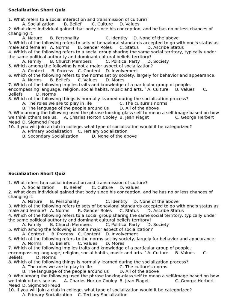 Socialization Short Quiz | PDF | Socialization | Psychology