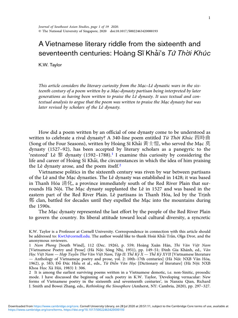 Hoàng Sĩ Khải a Vietnamese Literary Riddle From the Si | PDF ...