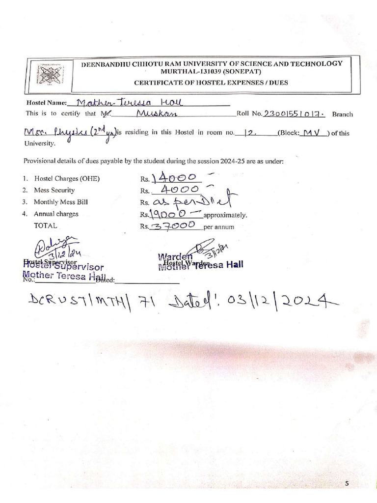Hostel Certificate | PDF