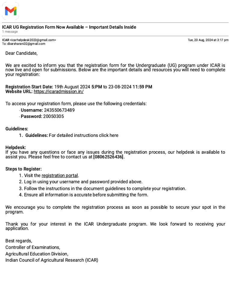 Gmail - ICAR UG Registration Form Now Available - Important Details ...