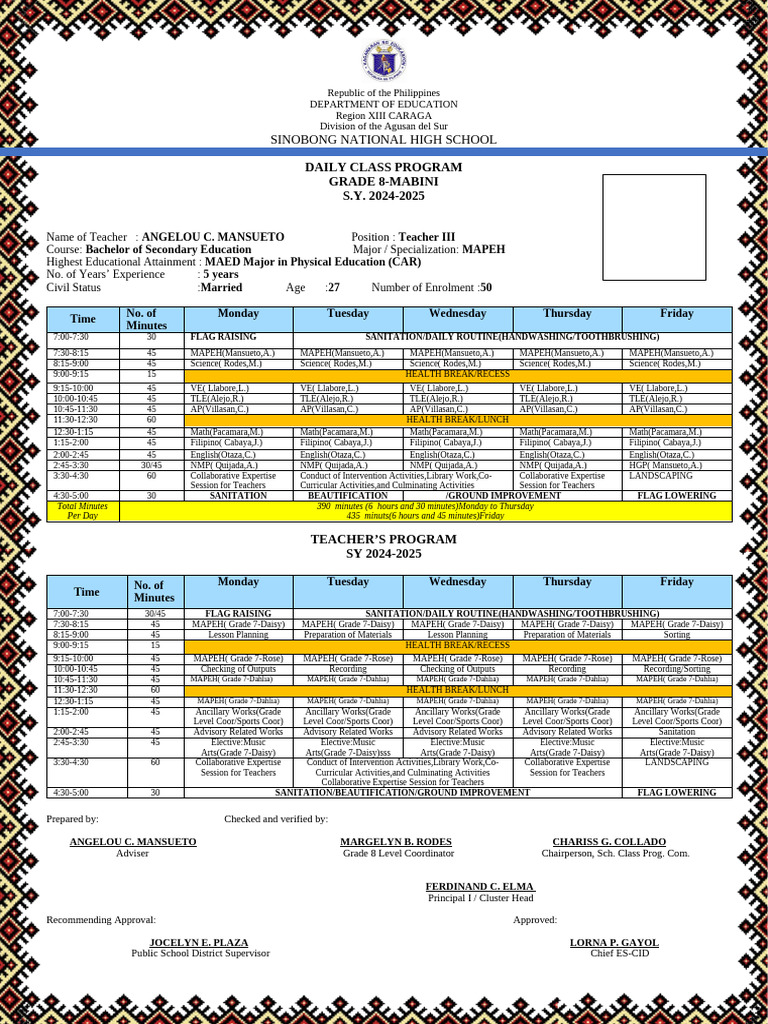 Regular Class Program in One Page Only | PDF | Philippines