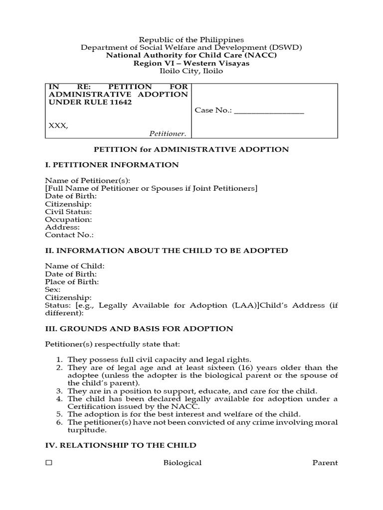 Petition For Admin Adoption Template | PDF | Adoption | Affidavit