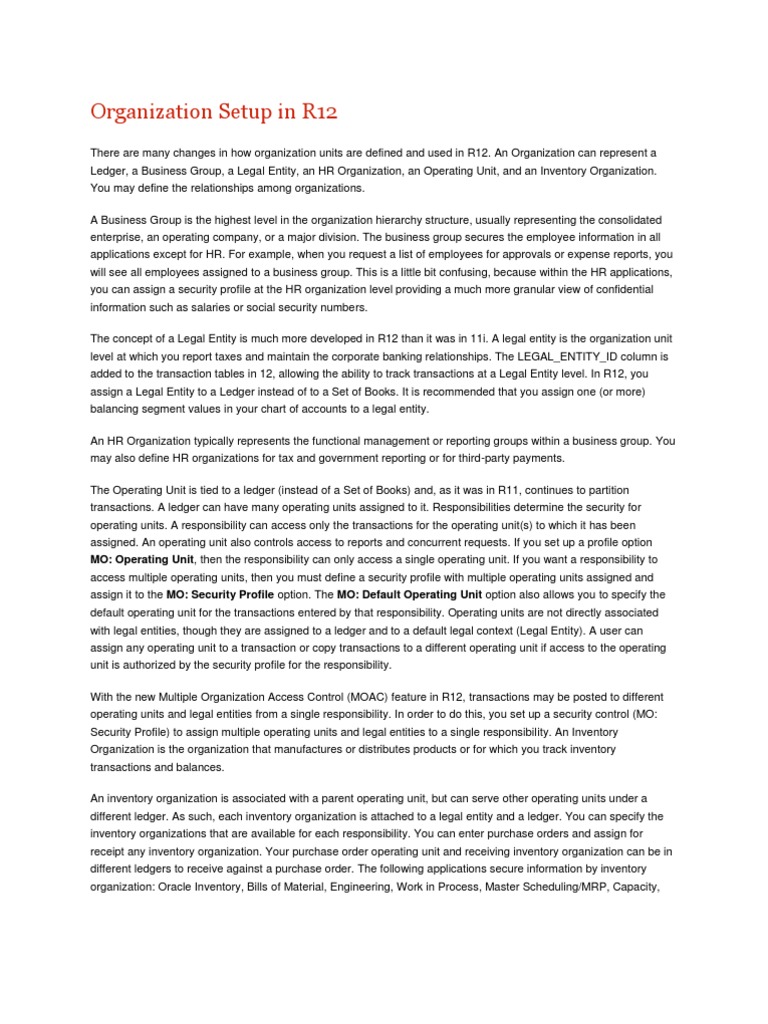 Organization Setup in R12: MO: Operating Unit | PDF | Expense | Oracle Database