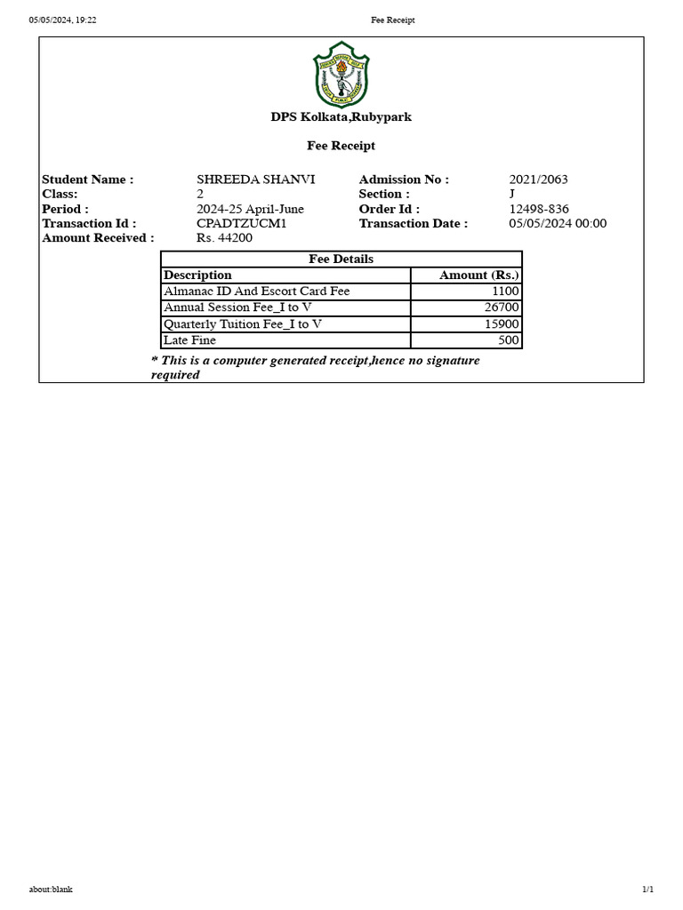 Siya Fee Receipt Class 7 New Session | PDF