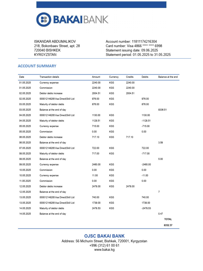 Bakai Bank Statement Visa KGS | PDF | Debt | Debits And Credits
