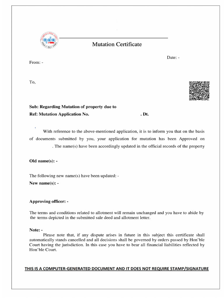 GDA Mutation Certificate for Property | PDF