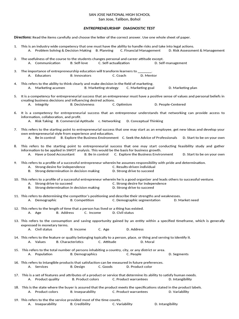 Entrepreneurship Diagnostic Test Guide | PDF | Entrepreneurship | Goods