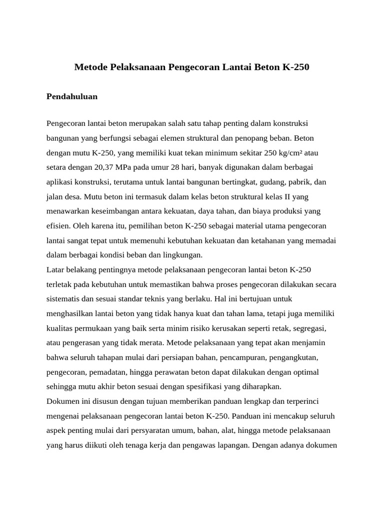 Metode Pengecoran Lantai Beton k250 | PDF