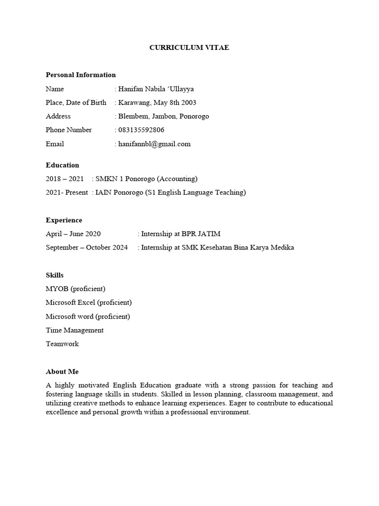 CV & Job Application Letter - Hanifan Nabila U - 204210054 | PDF | Human Communication ...