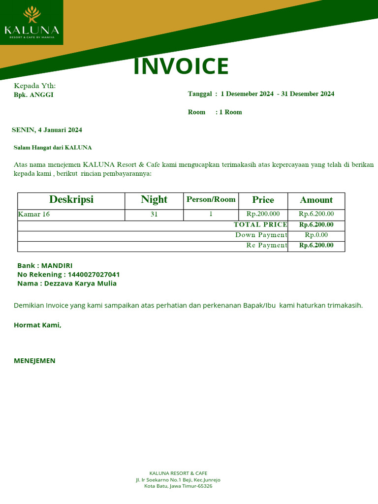 Invoice Kamar Kaluna Resort Januari 2024 | PDF