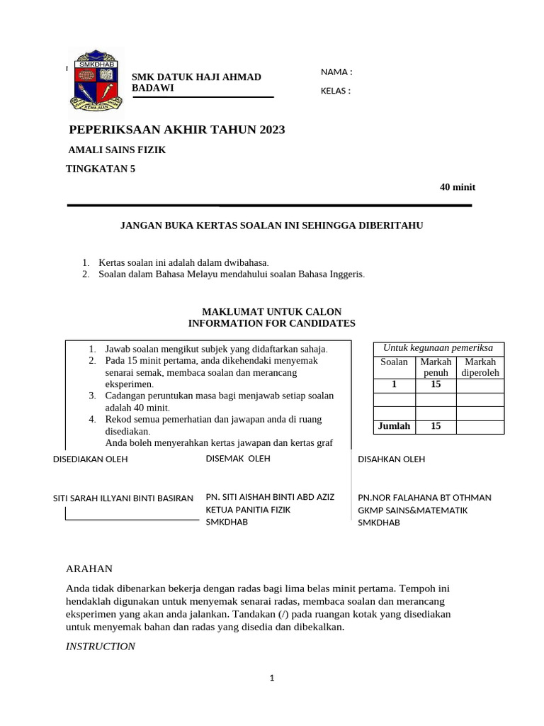 PAT Amali Fizik 2023 F5 Spring | PDF